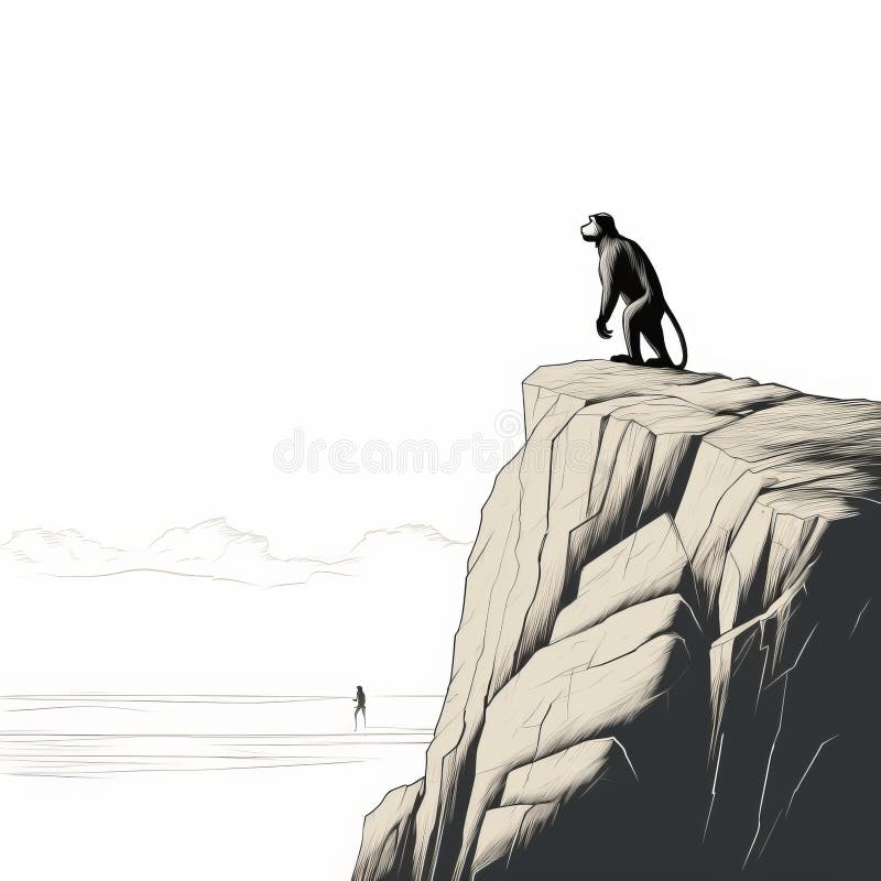 Man Walking on Cliff with Monkey High-contrast Shading Illustration ...