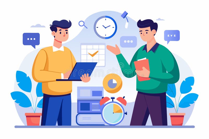 Two Men Engage in Conversation while Standing Next To a Clock, Possibly ...