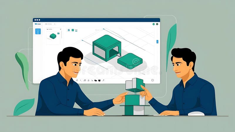 Two Men Collaborating on 3D Design Project with Technical Illustrations ...