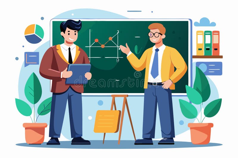 Two Men Engage in a Discussion by a Blackboard Filled with Mathematical ...