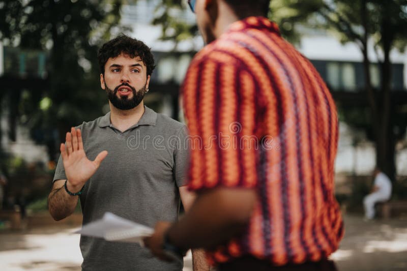 Two Men Having an Intense Conversation Outdoors on a Sunny Day with One ...