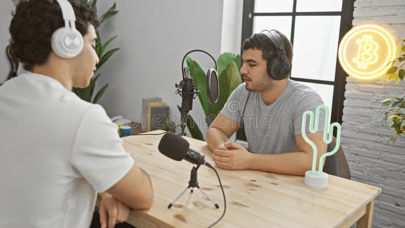 Two Men Engaged in a Podcast Conversation in a Modern Studio with a ...