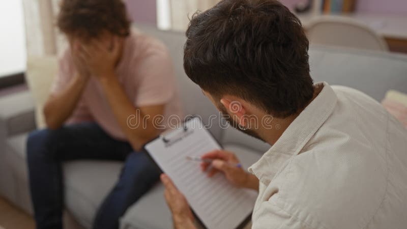 Two Men Engaging in a Therapy Session in a Living Room with One Man ...