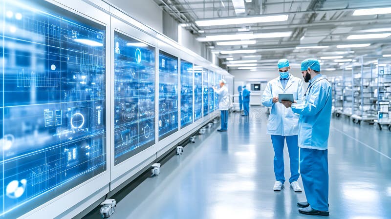 Two Men Examining Data on a Tablet in a Laboratory Stock Illustration ...