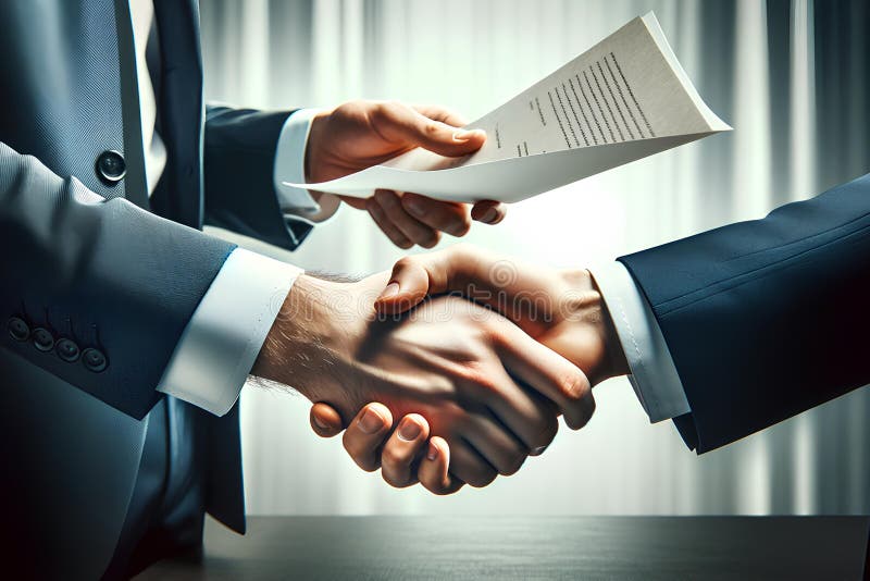 Two Men Exchanging Documents with One Hand and Shaking Hands, Making a ...