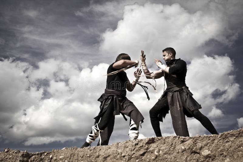 Two men are fighting stock image. Image of jump, blue - 81344401