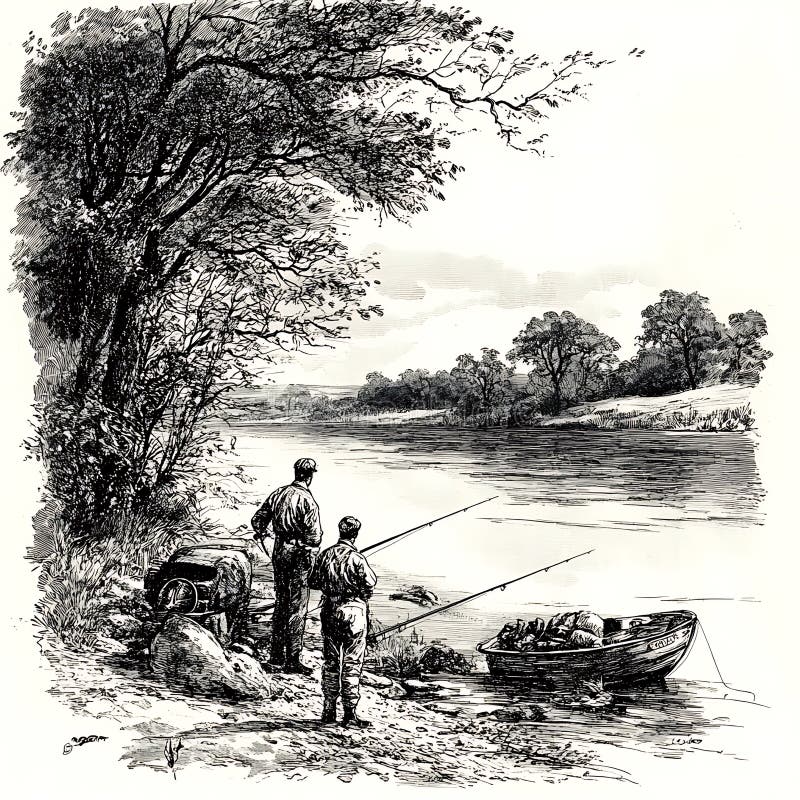 Two Men Fishing by a Riverbank, Under Shady Trees Stock Illustration ...