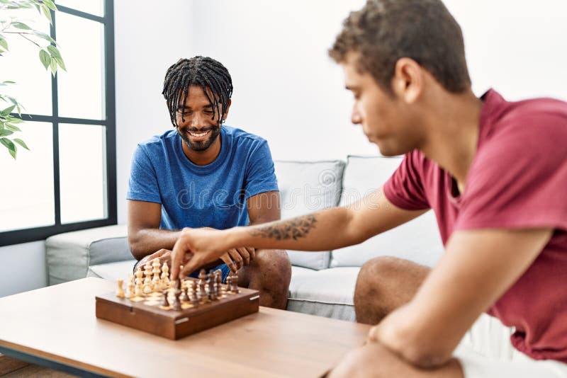 Two Men Friends Playing Chess Sitting on Sofa at Home Stock Image ...