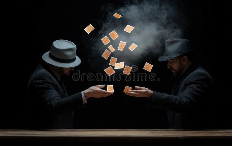 Two Men in Gray Hats Levitate Objects Against Dark Background Stock ...