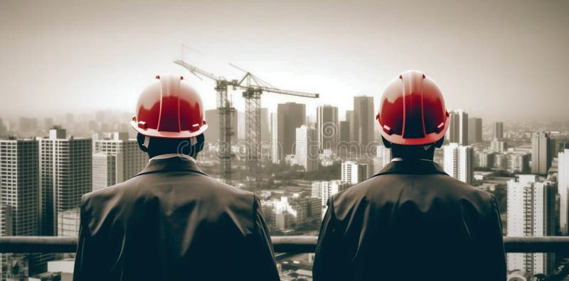 Two Men in Helmets Look at the Construction Site. Generative AI Stock ...