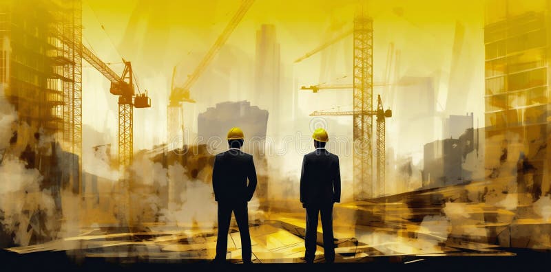 Two Men in Helmets Look at the Construction Site. Generative AI Stock ...