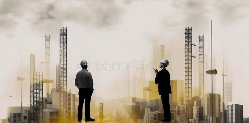 Two Men in Helmets Look at the Construction Site. Generative AI Stock ...