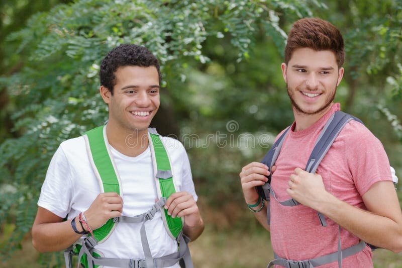 Two men hiking in forest stock image. Image of outdoors - 286753893