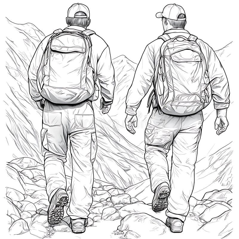Two Men Hiking a Mountain Trail Black and White Sketch Stock ...