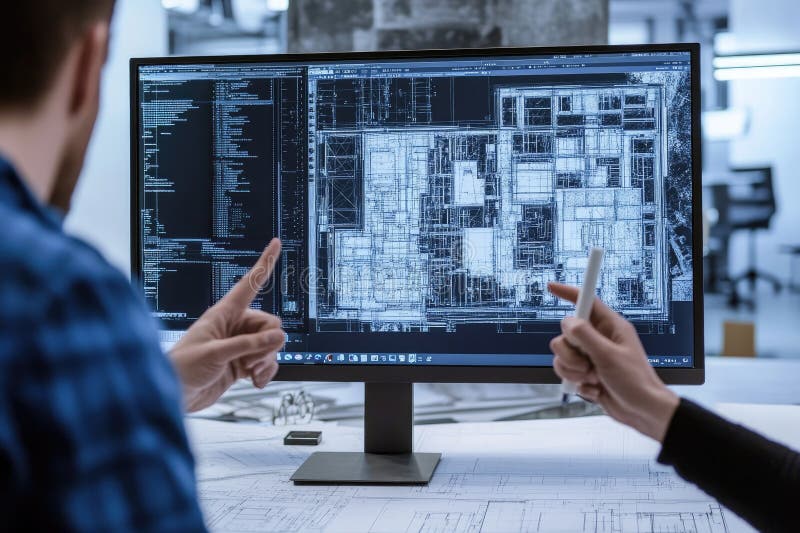 Two Men are Examining and Discussing a Blueprint on a Screen Stock ...