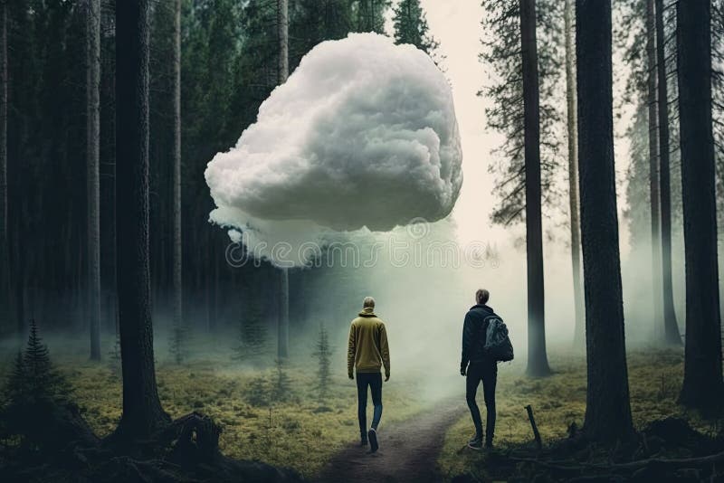 Two Men and Invisible Creature Walking in Air with Cloud Over Forest ...