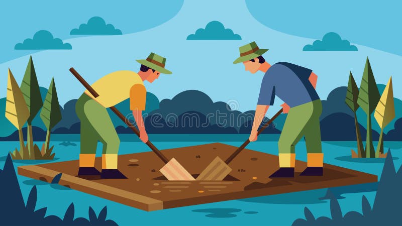 Two Men Kneedeep in a Murky Bog Using Wooden Boards To Stabilize the ...