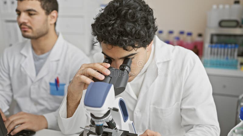 Two Men in Lab Coats Working in a Laboratory, One Using a Microscope ...