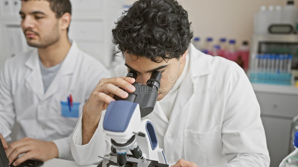 Two Men in Lab Coats Working in a Laboratory, One Using a Microscope ...