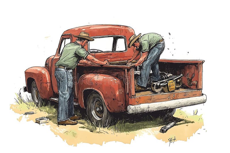 Two Men Loading a Rusty Red Truck Stock Illustration - Illustration of ...