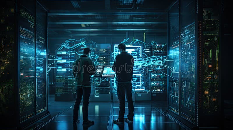 Two Men Looking at Hologram Screens in Server Room Stock Illustration ...