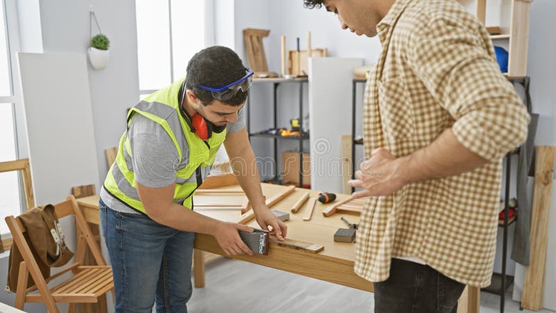 Two Men Measuring a Wooden Plank with a Tape in a Bright Carpentry ...