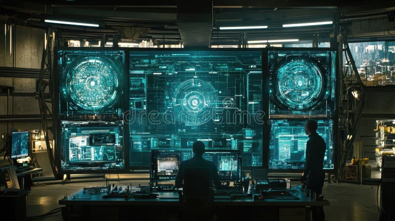 Two Men Monitoring Complex Data Systems on Large Screens Stock ...