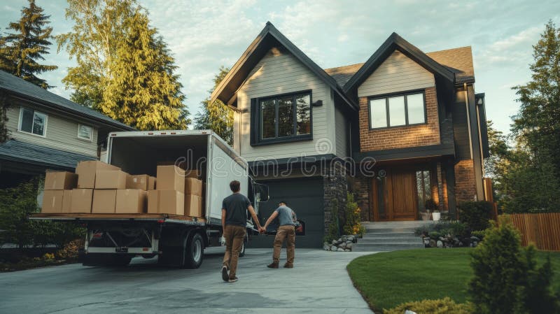 Two Men Moving Boxes Out of a Truck in Front of a New House Stock ...