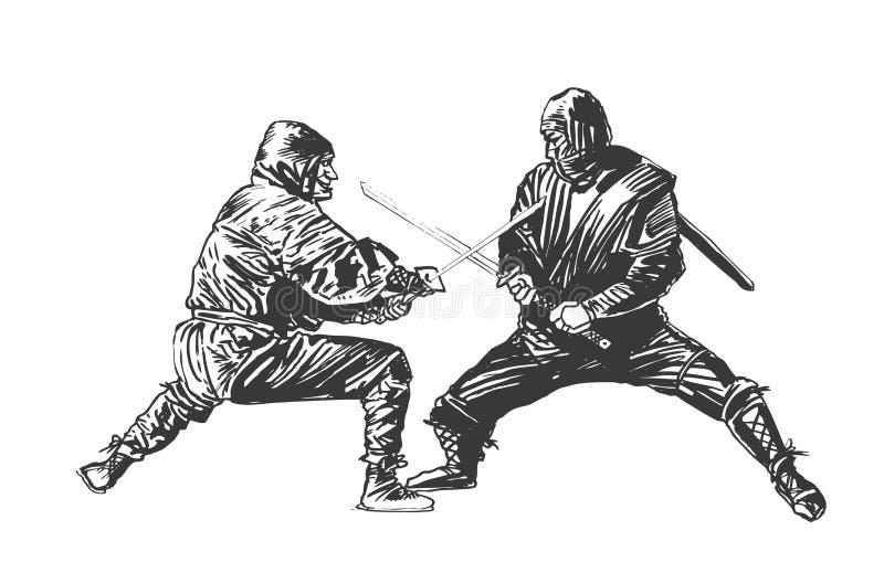 Two Men Ninja in a Battle. Drawing Sketch Stock Vector - Illustration ...