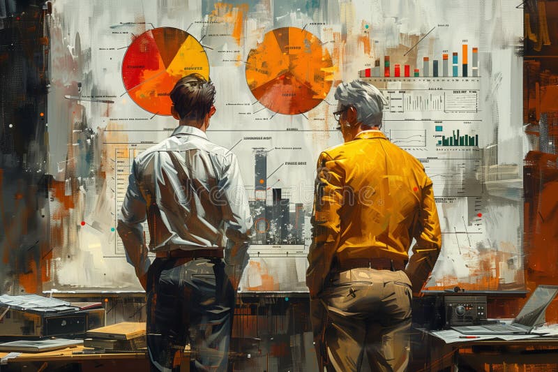 Two Men Observing a Chart on Wall at the Art Event Stock Illustration ...