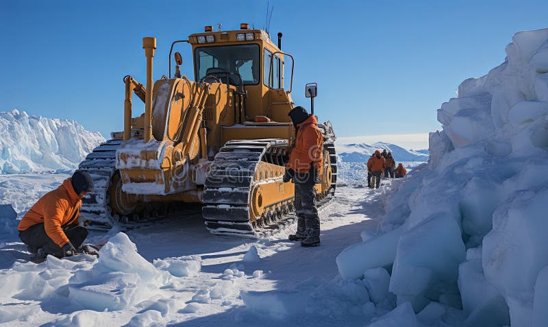 Two Men Operating Large Bulldozer in Snow Stock Photo - Image of ...