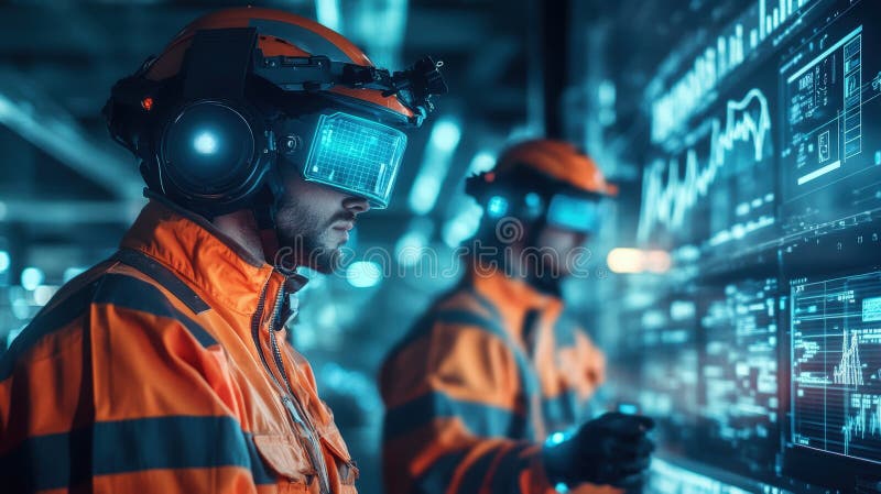 Two Men in Orange Jackets are Wearing Virtual Reality Goggles ...
