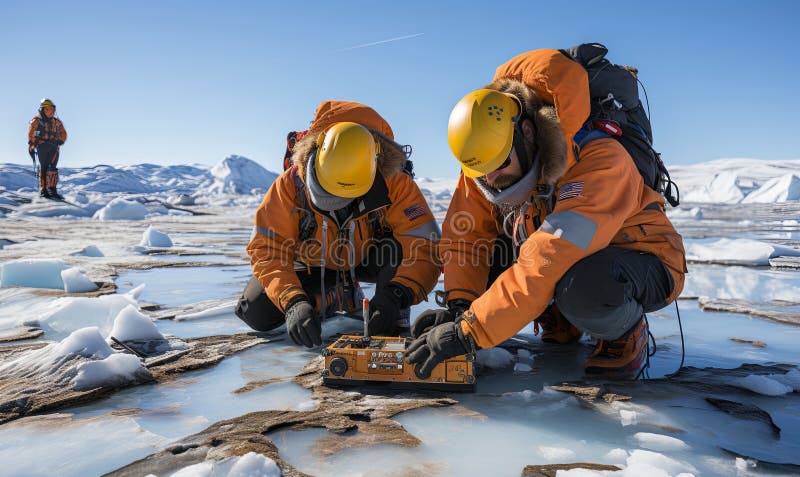 Two Men in Orange Jackets Working on Ice Stock Image - Image of ...
