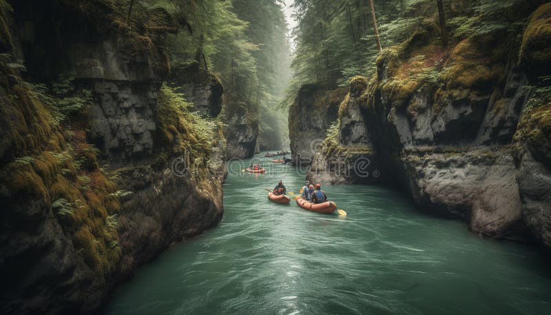 Two Men Paddling a Canoe in the Green Forest Landscape Generated by AI ...
