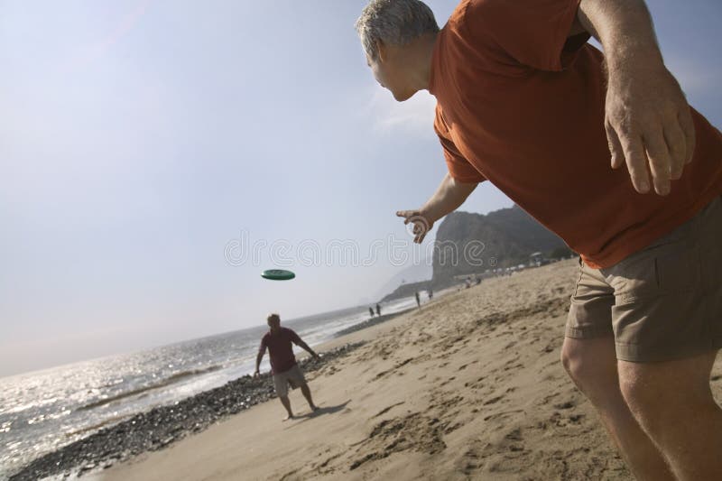 Two Men Playing with Flying Disc on Beach Stock Image - Image of blue ...