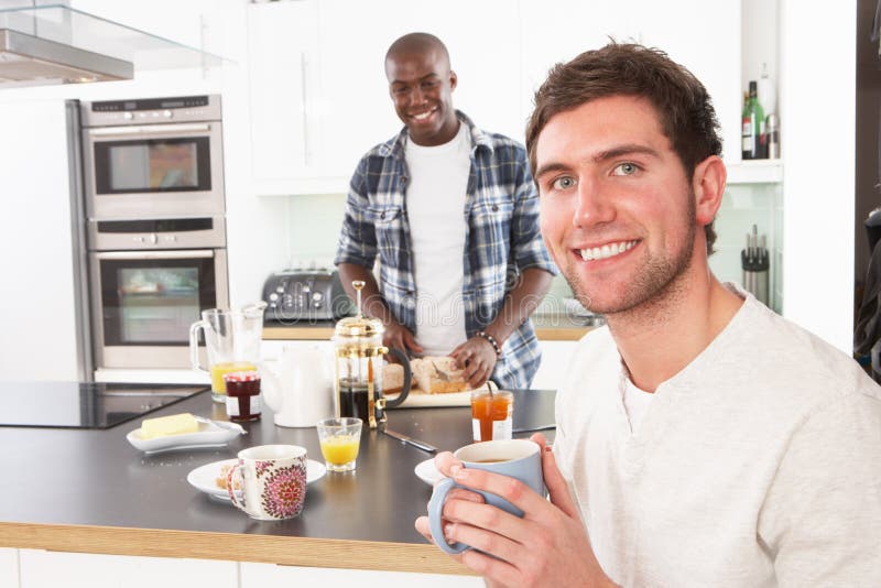 Two Men Preparing Breakfast in Kitchen Stock Photo - Image of happy ...