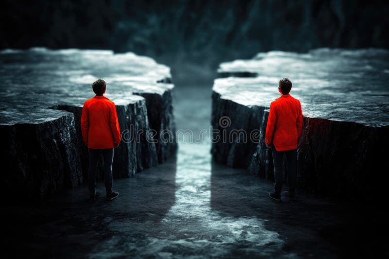 Two Men in Red Jackets Facing Giant Rock Crevice Stock Photo - Image of ...