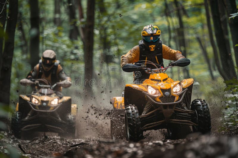 Two Men Riding Atv Quads in the Forest on Muddy Road during a ...