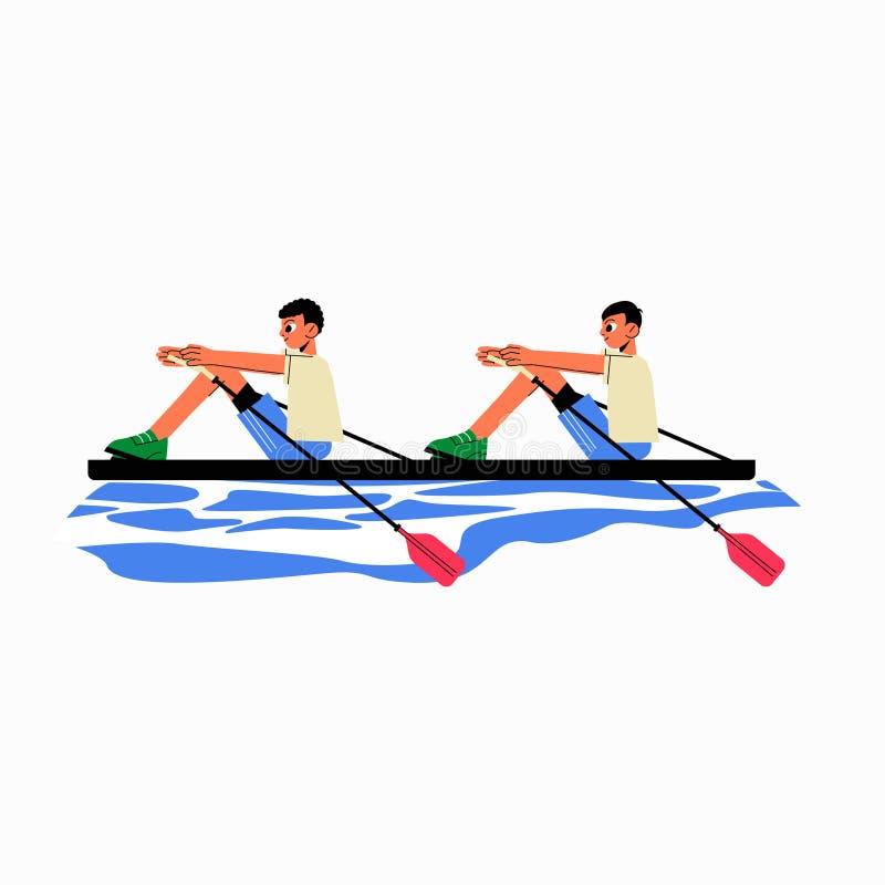 Two Male Rowers in Boat with Oars in Flat Vector Illustration ...