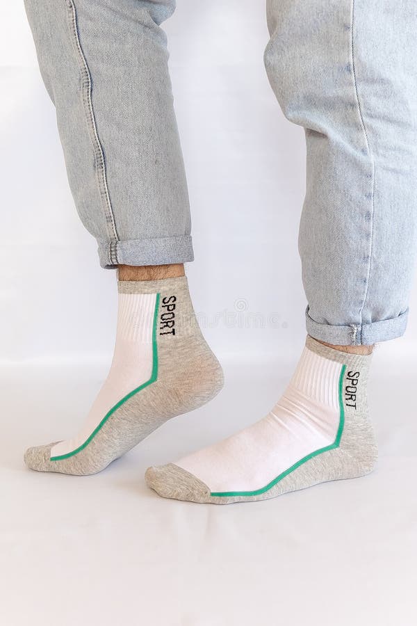 Two Men S Leg in Jeans and White Grey Socks on White Background Stock Photo - Image of casual ...