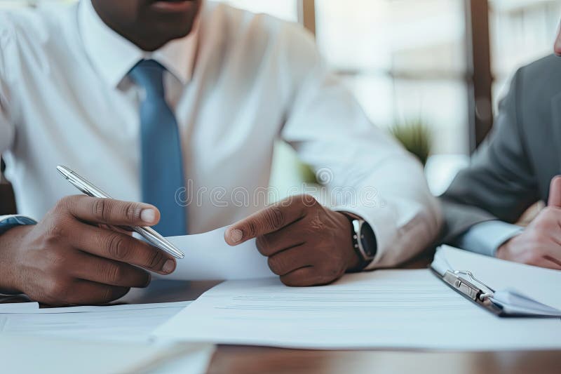 Two Men are Seated at a Table, Examining a Document Together Stock ...
