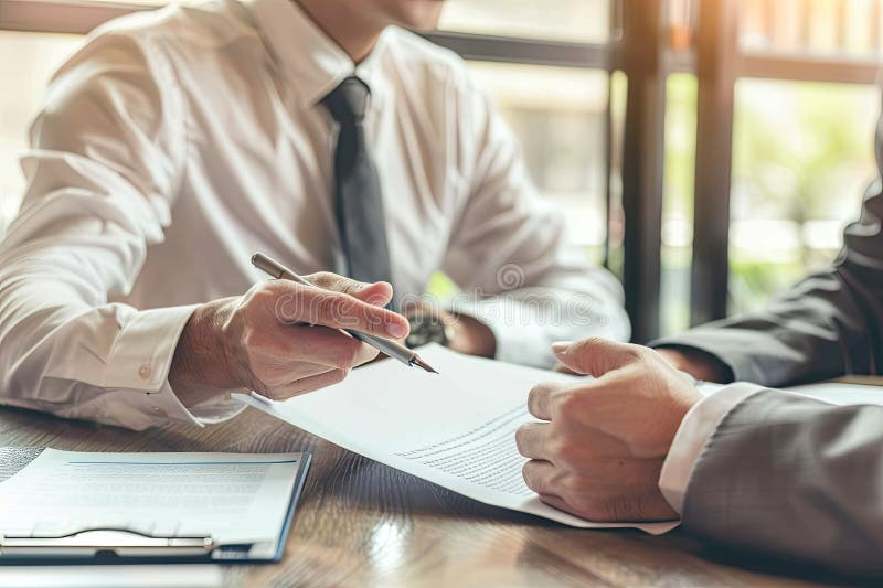 Two Men are Seated at a Table, Examining a Document Together Stock ...