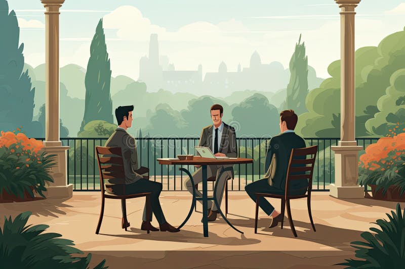 Some Men are Seated at a Table in a Park, Engaged in Conversation ...