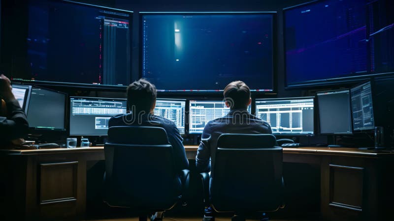 Two Men are Seen Sitting in Front of Computer Monitors in a Dark Room ...
