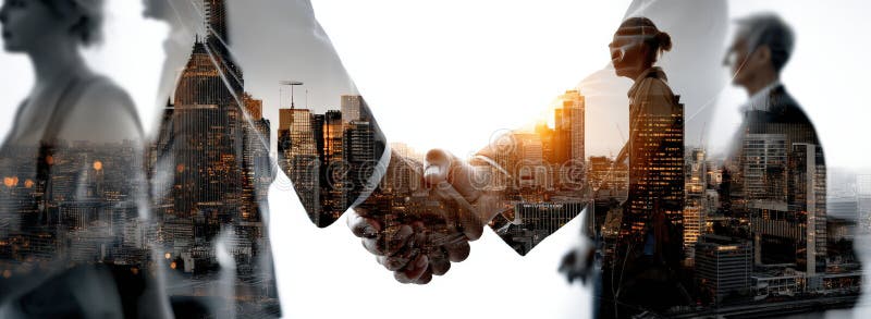 Two Men Shake Hands with the City Skyline in the Background Stock Image ...