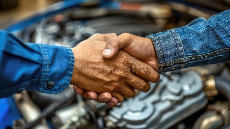 Two Men Shake Hands in Front of a Car Engine Stock Image - Image of ...