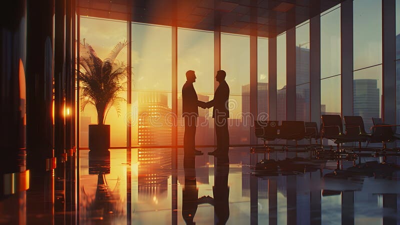 Two Men Shake Hands in a Large Room with a View of the City.Scene is ...