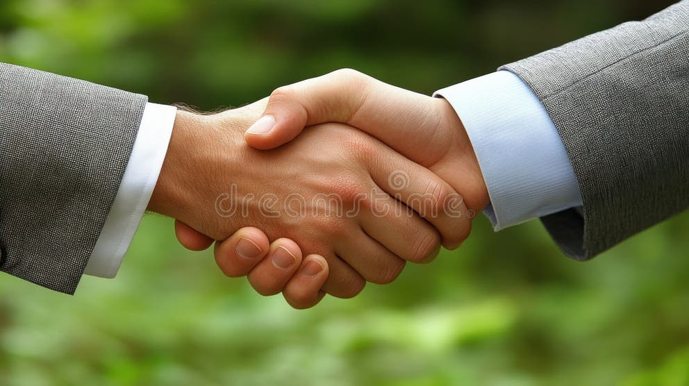 Two Men Shake Hands Outdoors Against a Green Background Stock ...
