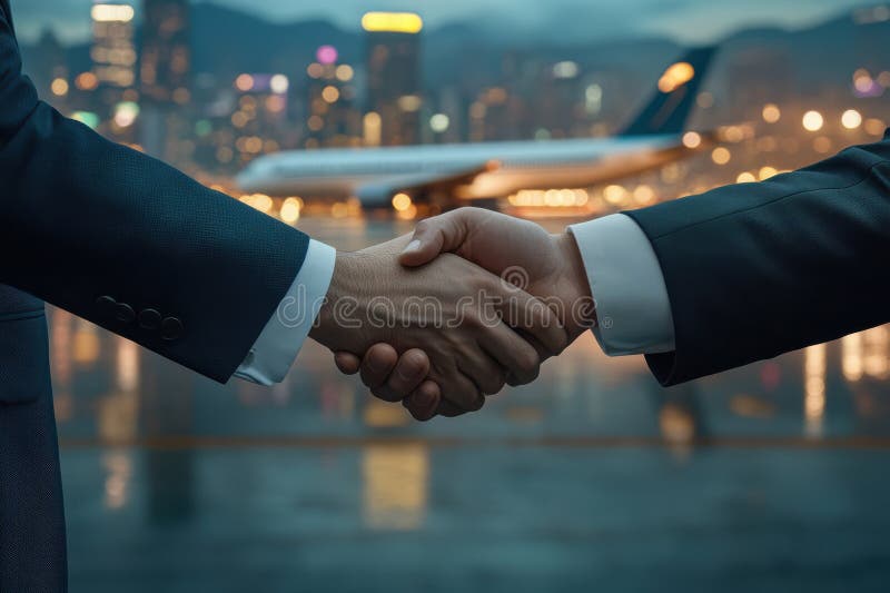 Two Men Shaking Hands in Front of an Airplane Stock Photo - Image of ...