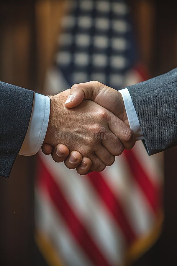 Two Men Shaking Hands in Front of an American Flag Stock Illustration ...